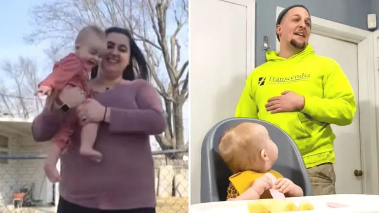 Mamá le dibuja cejas falsas a bebé y su esposo termina con un ataque de risa por su apariencia ...